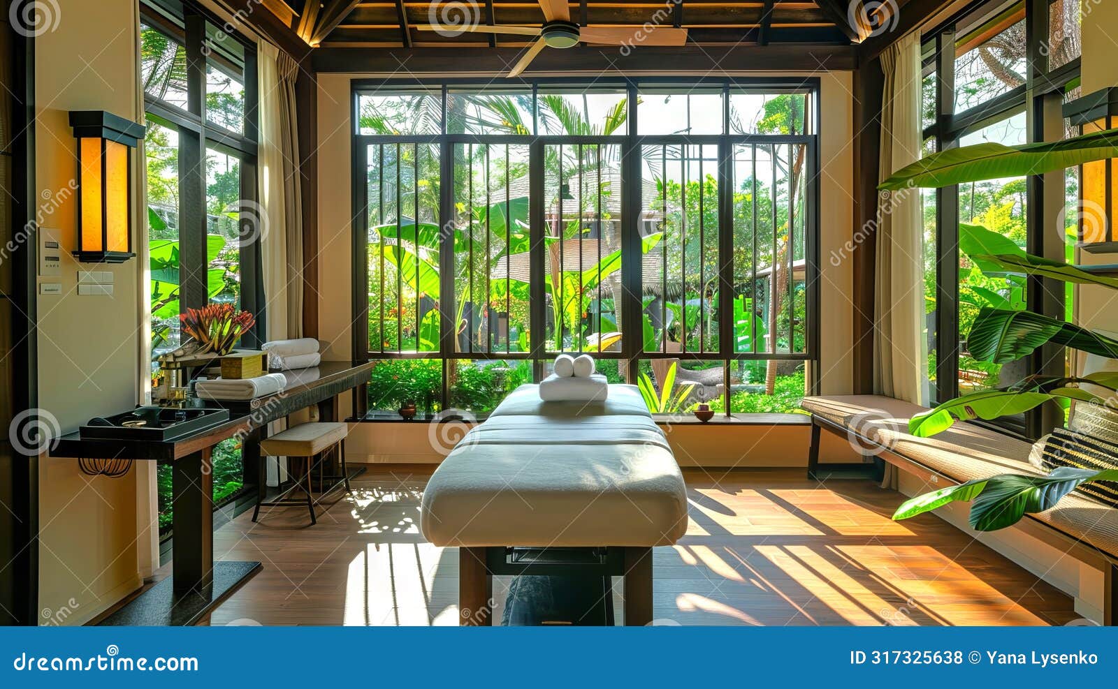 Empty Luxurious Thai Spa Treatment Room with a View of Lush Greenery ...