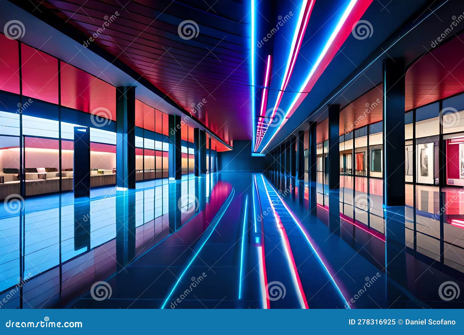 An Empty Mall with Bright Neon Lights at Night, No People. Generative ...