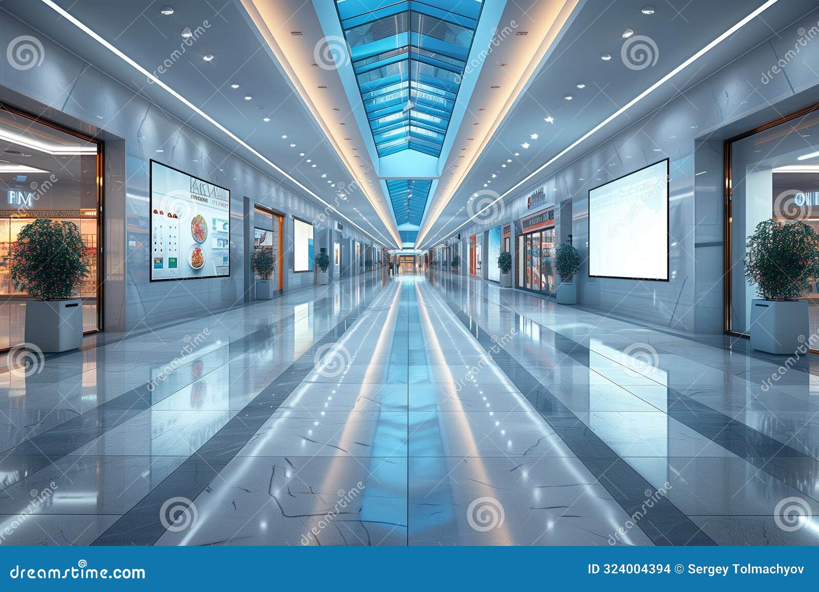 Empty Mall Corridor with Skylight and Storefront Displays Stock Photo ...