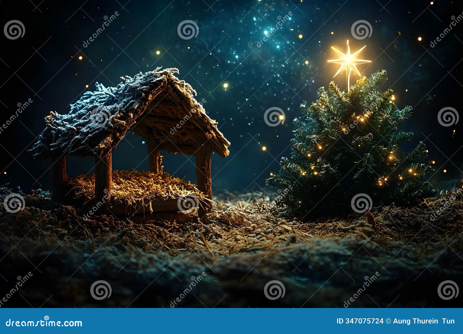 An Empty Manger, a Bright Star at Sky and Christmas Tree As a Concept ...