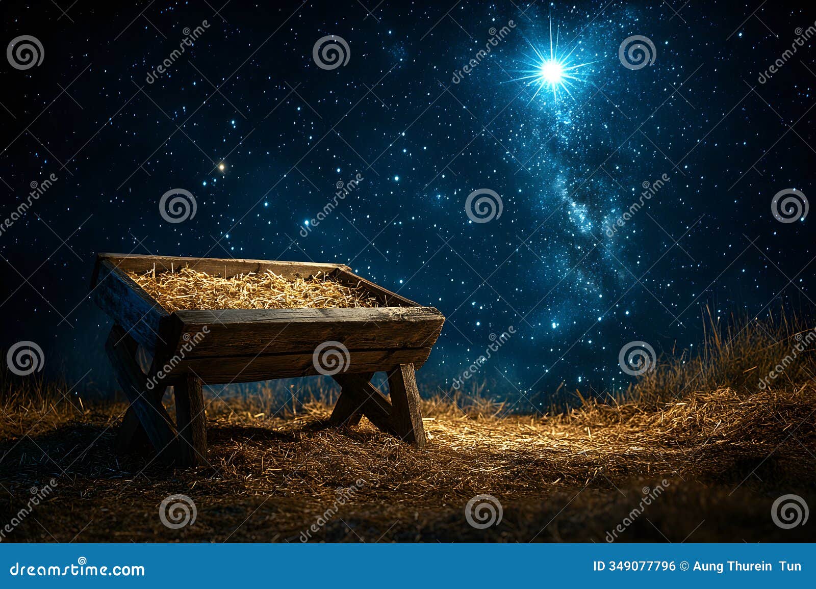 An Empty Manger and a Bright Star in Sky at Night, Concept of Nativity ...