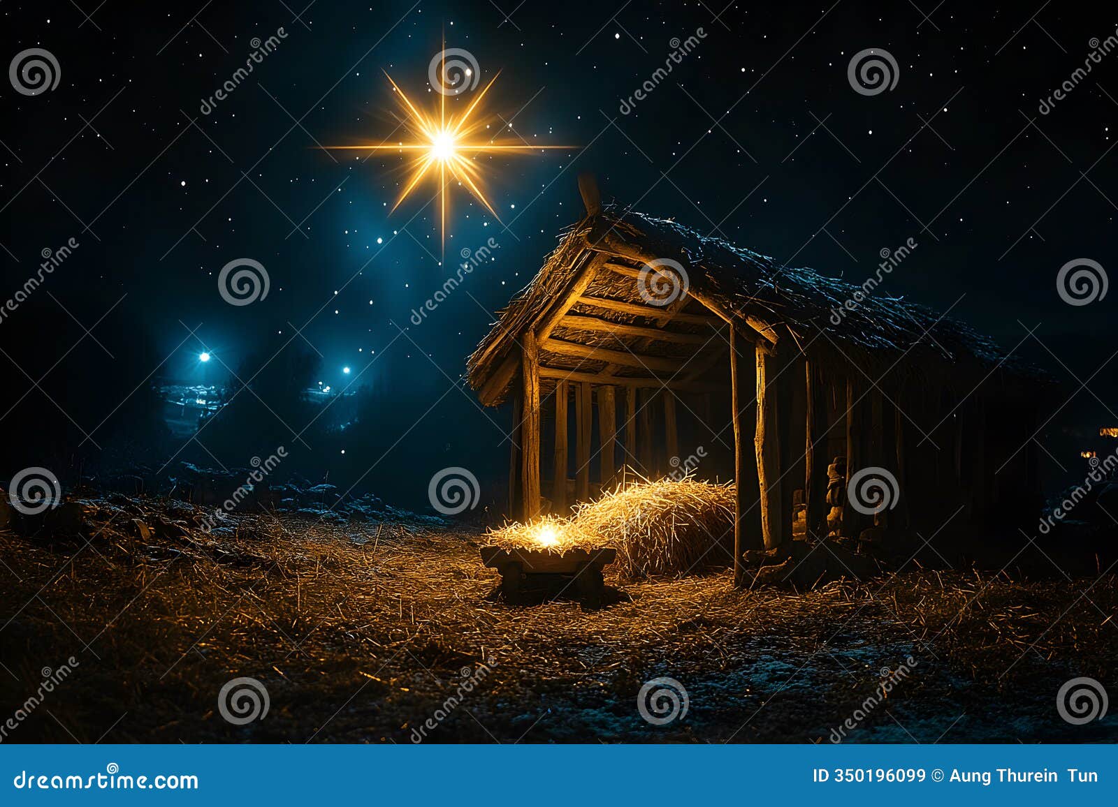 An Empty Manger and a Bright Star in Sky at Night, Concept of Nativity ...