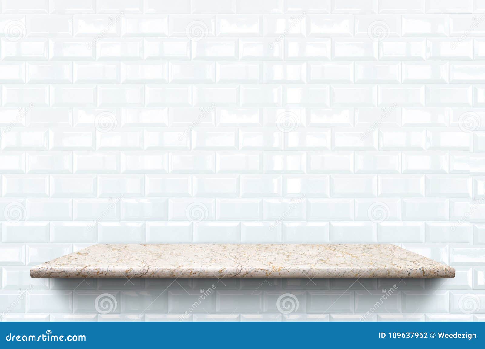 Empty Marble Shelf at White Ceramic Tile Wall Pattern Background Stock ...