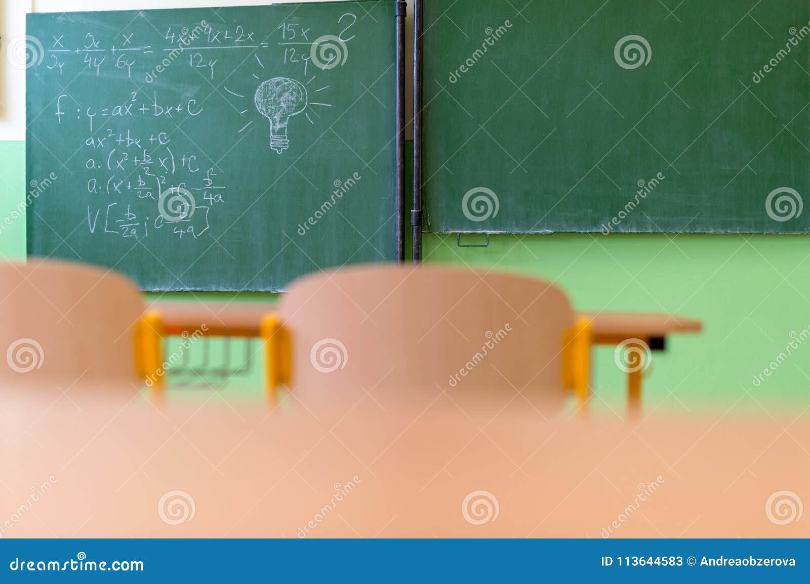 Empty Mathematics Classroom with School Desks, Chairs and Blackboard ...