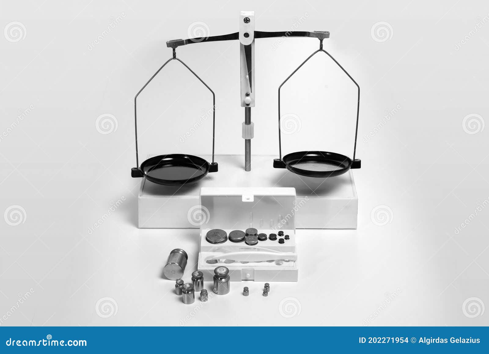 Empty Mechanical Scales with White Box with Weights in Front on a White ...