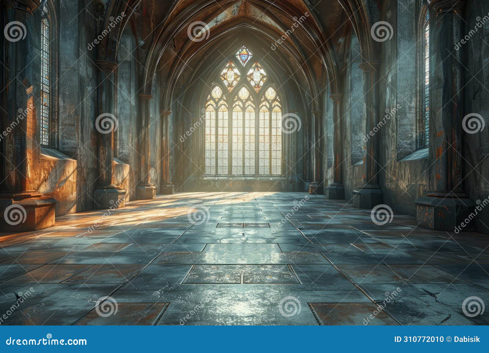 Empty Medieval Hall with Sunlight Filtering through Stained Glass Stock ...