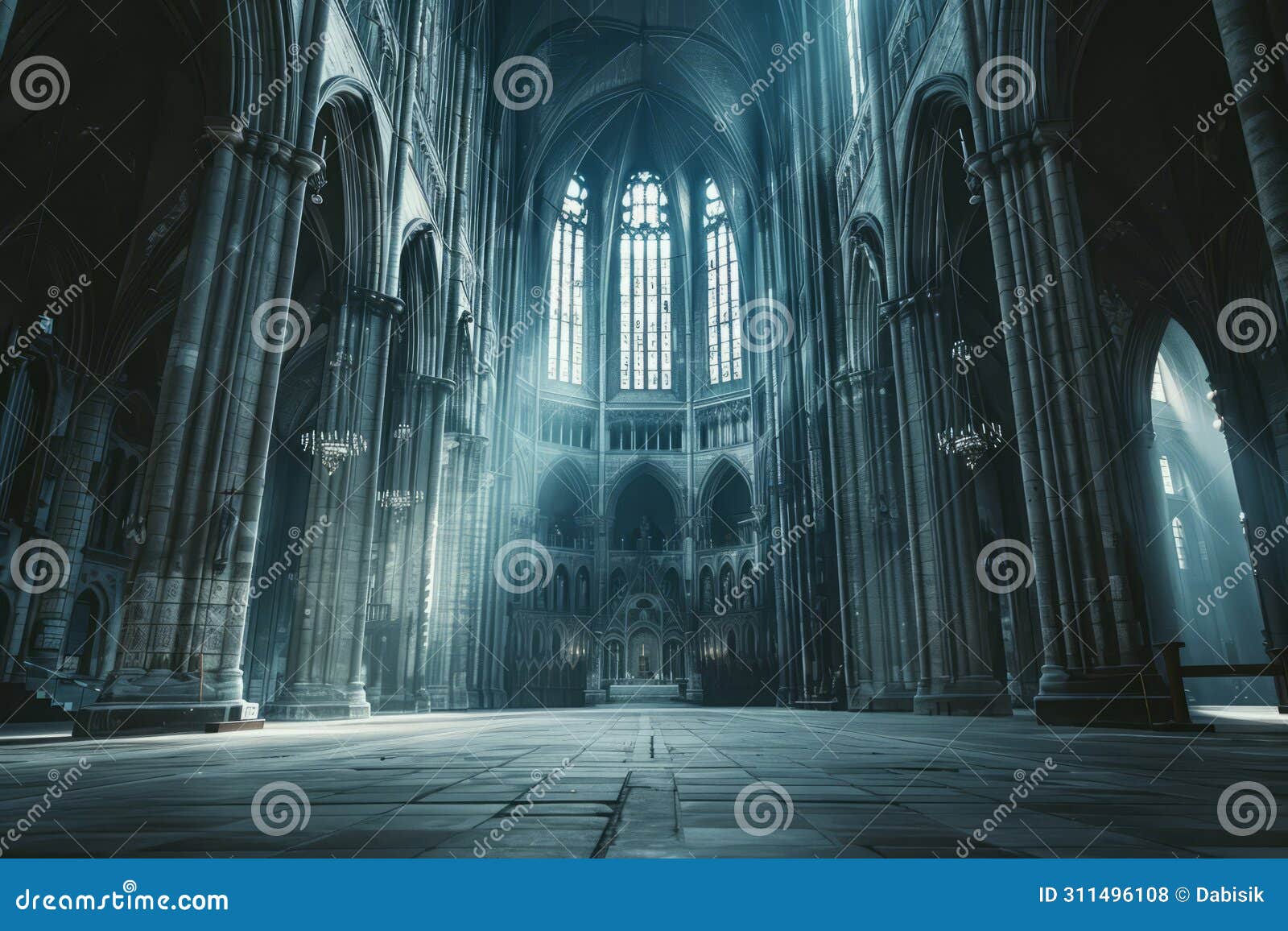 Empty Medieval Hall with Sunlight Filtering through Stained Glass Stock ...