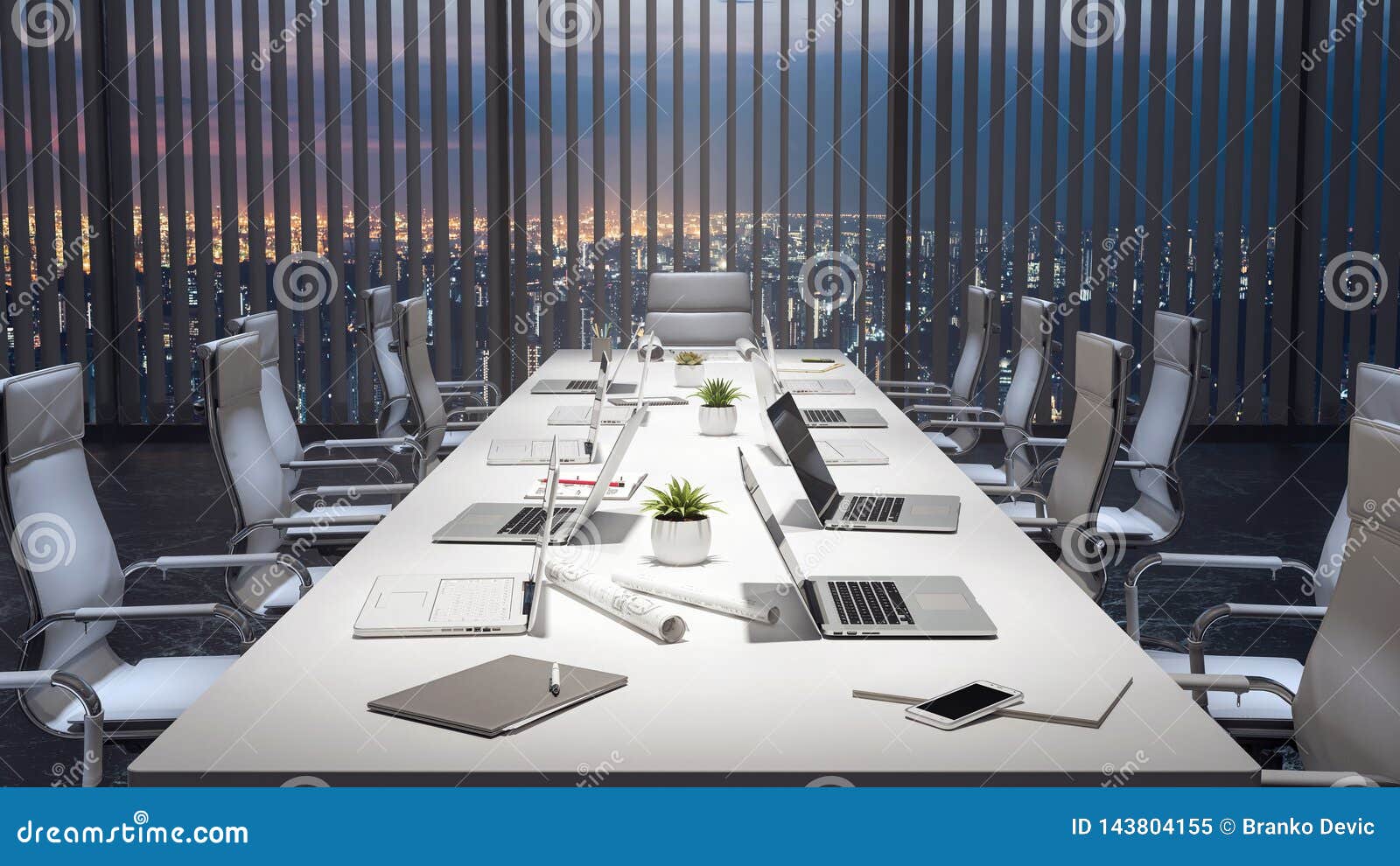 Empty Meeting Room and Conference Table with Laptops, Modern Office 3d ...