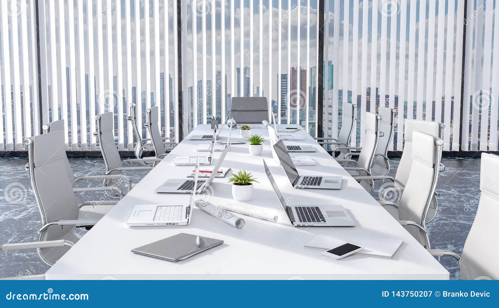 Empty Meeting Room and Conference Table with Laptops, Modern Office 3d ...