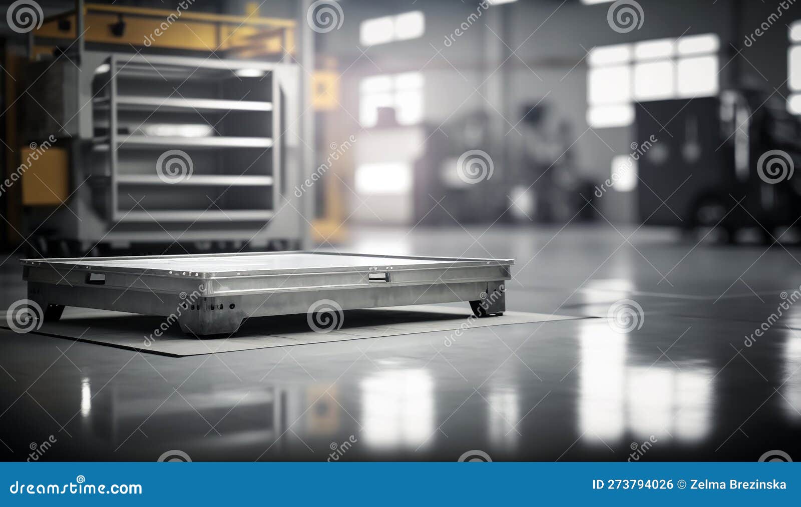 Empty Metal Platform for Displaying Products, Blurred Car Workshop in ...