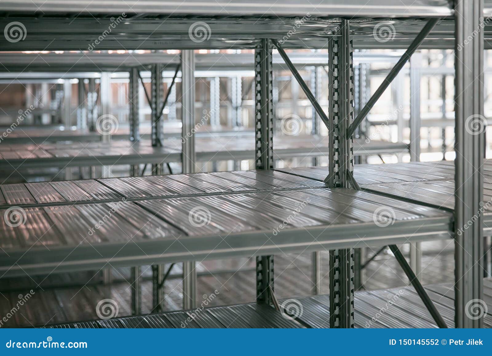 Empty Metal Shelf in Storage Room Stock Photo - Image of packaging ...