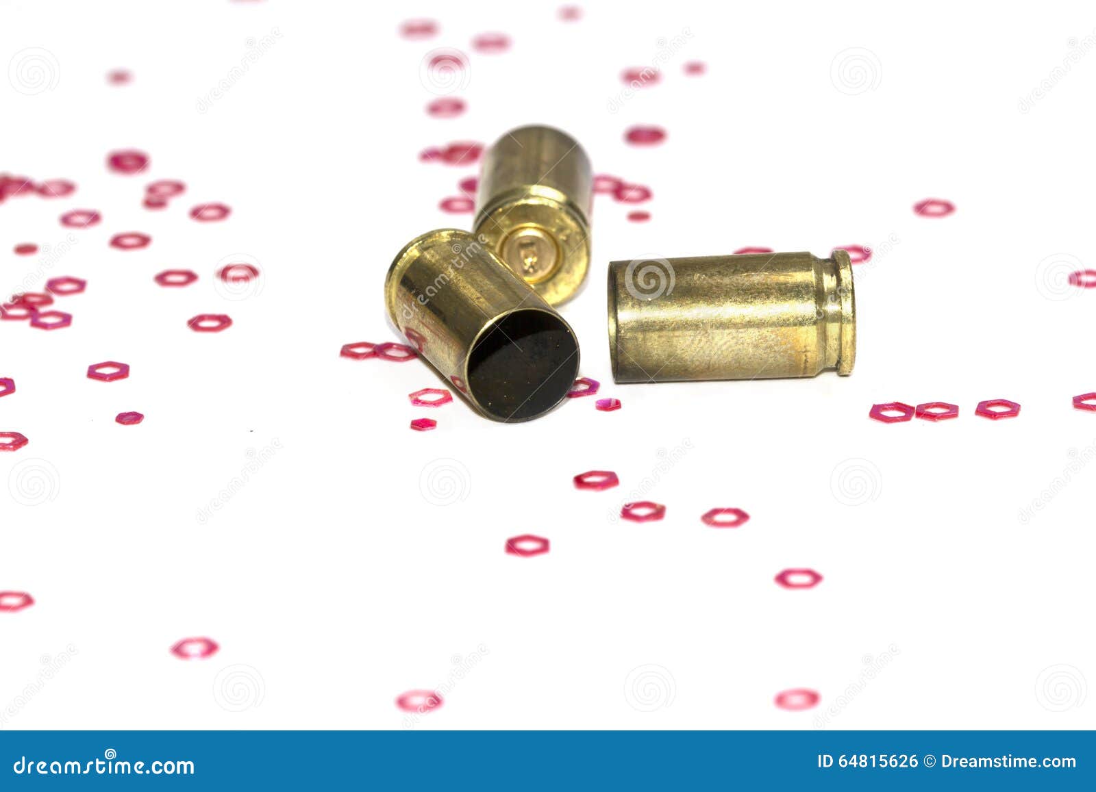 Empty 9mm Bullet Shells Over White Background with Red Hexagon Small ...
