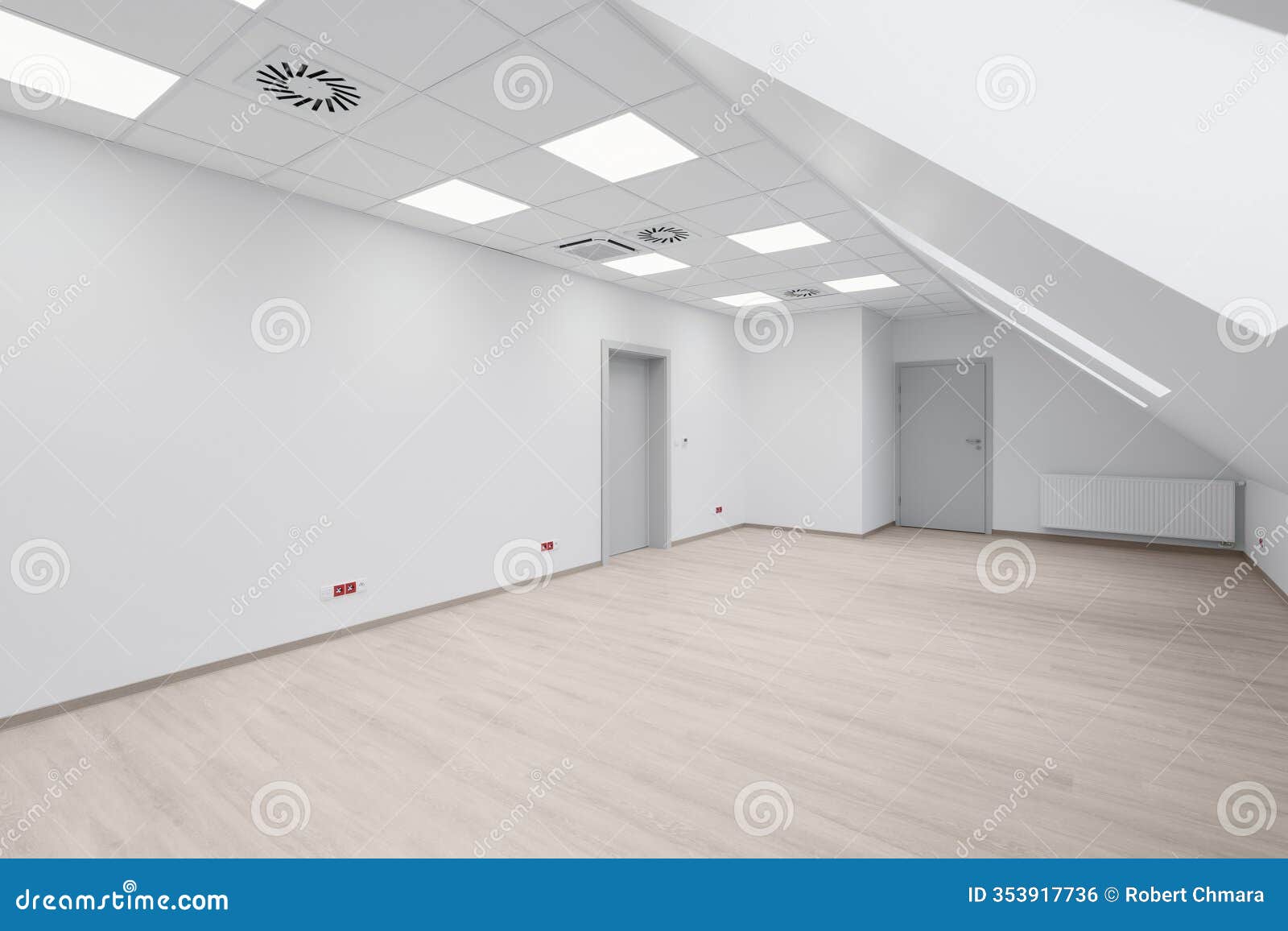 Empty Modern Attic Room with Skylights and Doors Stock Photo - Image of ...