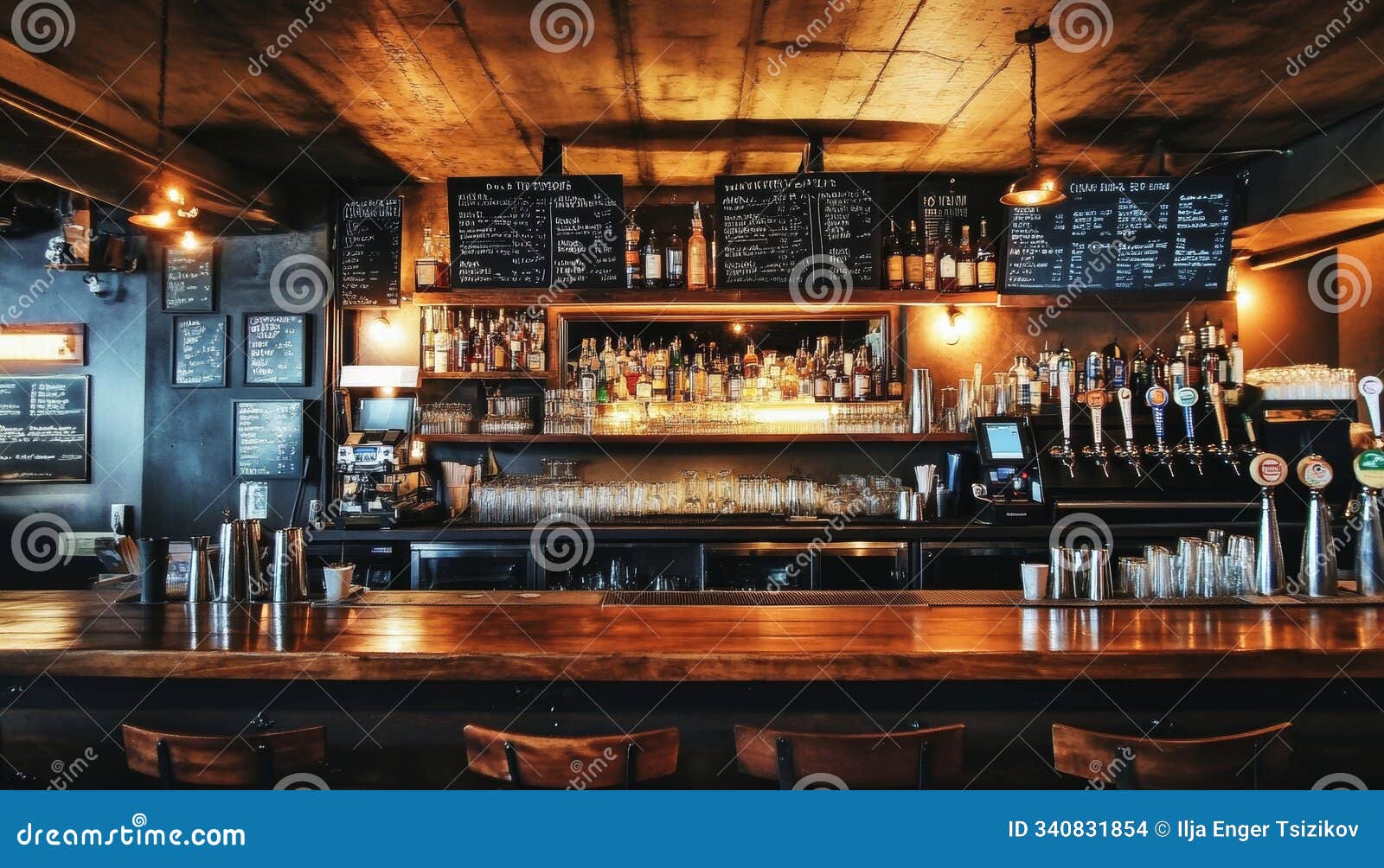 Empty Modern Bar Interior, Wooden Counter, Bar Stools, Shelves with ...