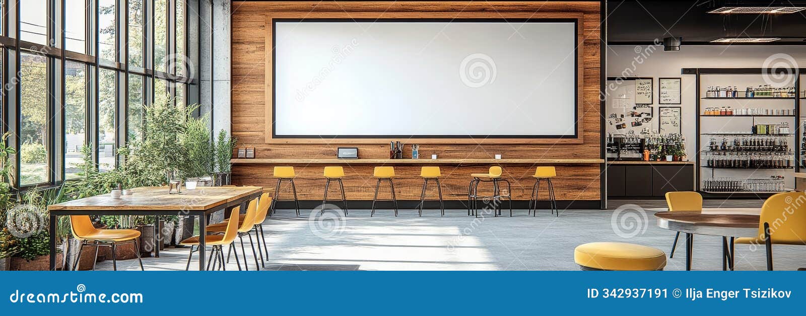 Empty Modern Cafe Interior with Large Window, Wood Accents, and a Large ...