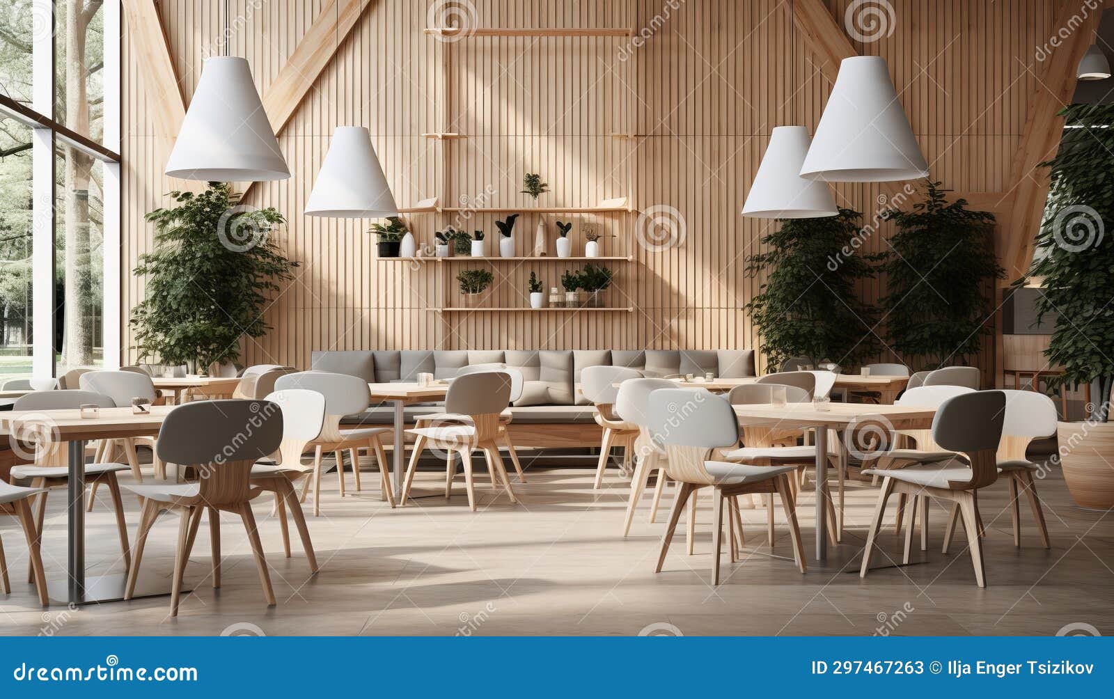 Empty Modern Cafe Restaurant with Spacious Panoramic Windows and ...