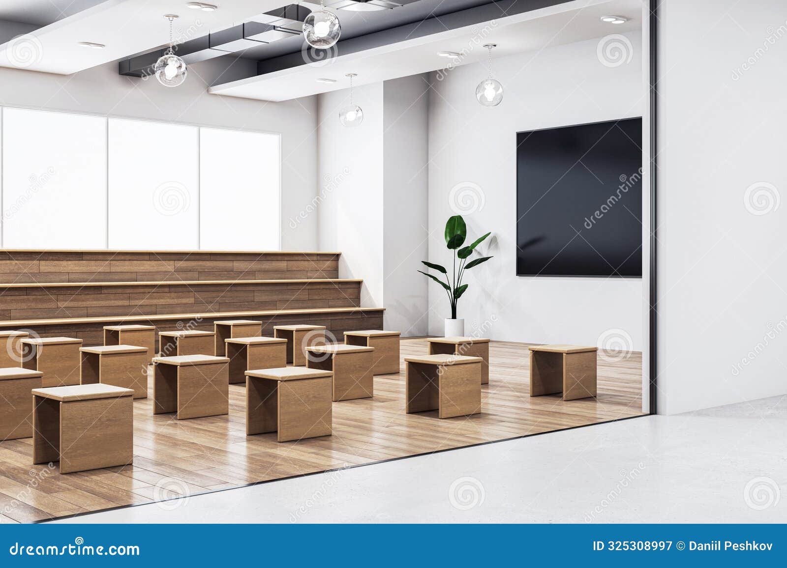 An Empty Modern Classroom with Wooden Seats and Stairs, a White ...