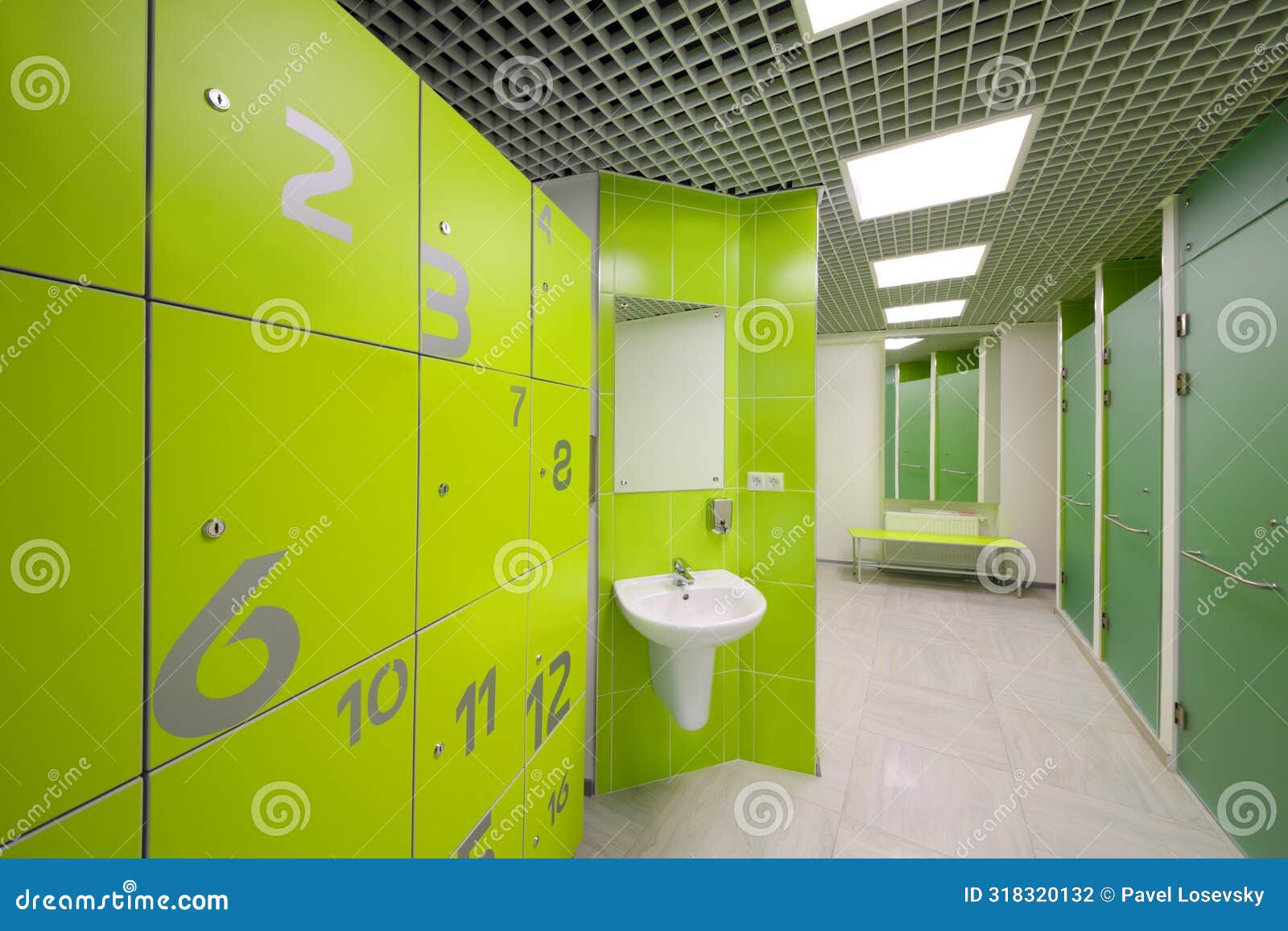 Empty Modern Cloakroom, Sink and Shower Cabins in Stock Photo - Image ...