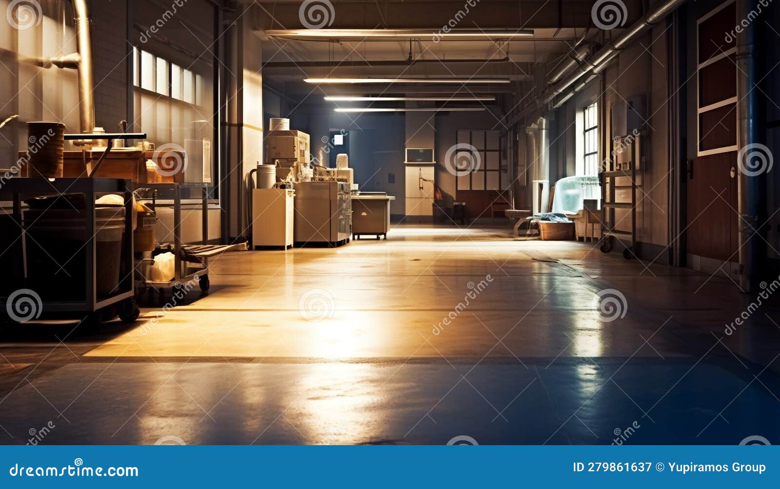 Empty Modern Factory with Steel Machinery and Illuminated Flooring ...