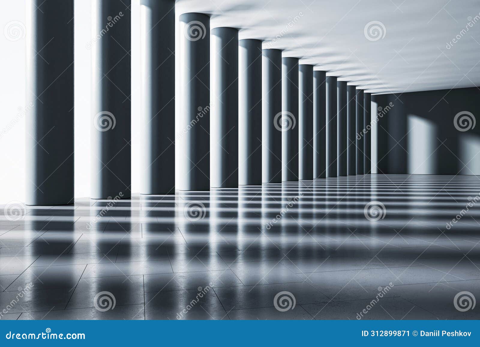 An Empty Modern Gallery with Tall Pillars, Clean Design, and a Glossy ...