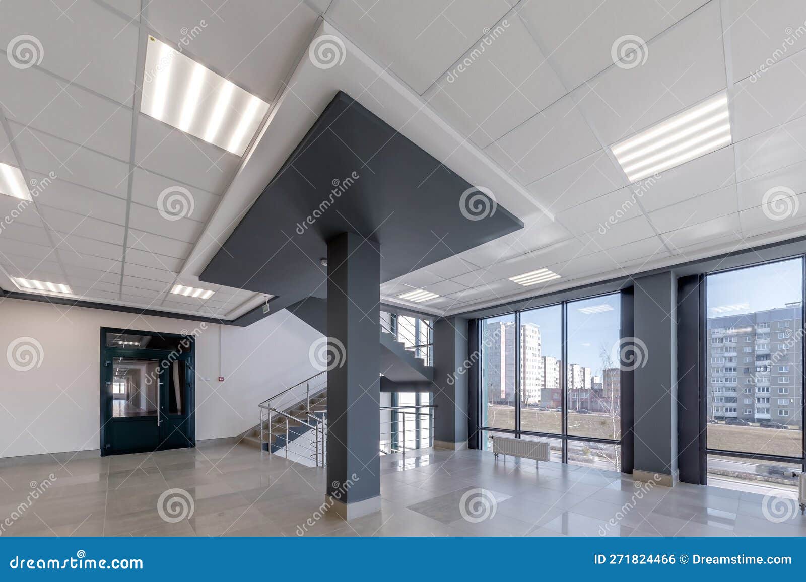 Empty Modern Hall Room with Columns, Doors and Panoramic Windows Stock ...