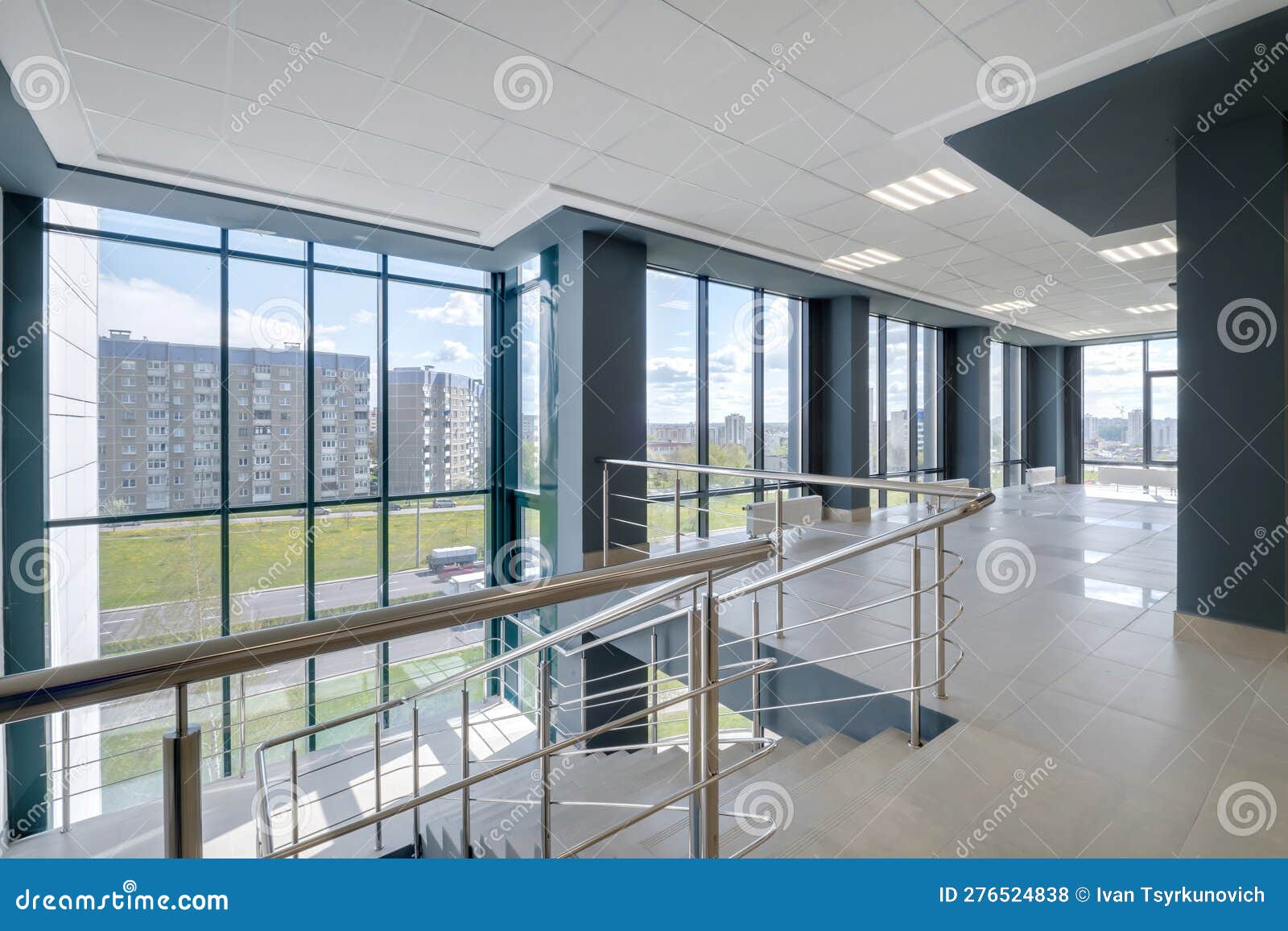 Empty Modern Hall Room with Columns, Doors and Panoramic Windows Stock ...