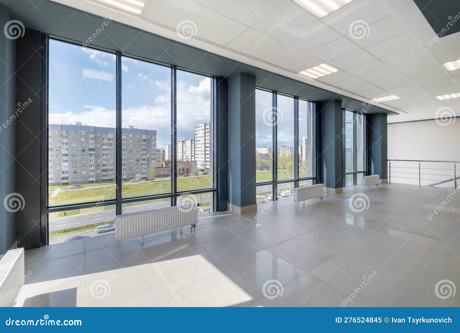 Empty Modern Hall Room with Columns, Doors and Panoramic Windows Stock ...