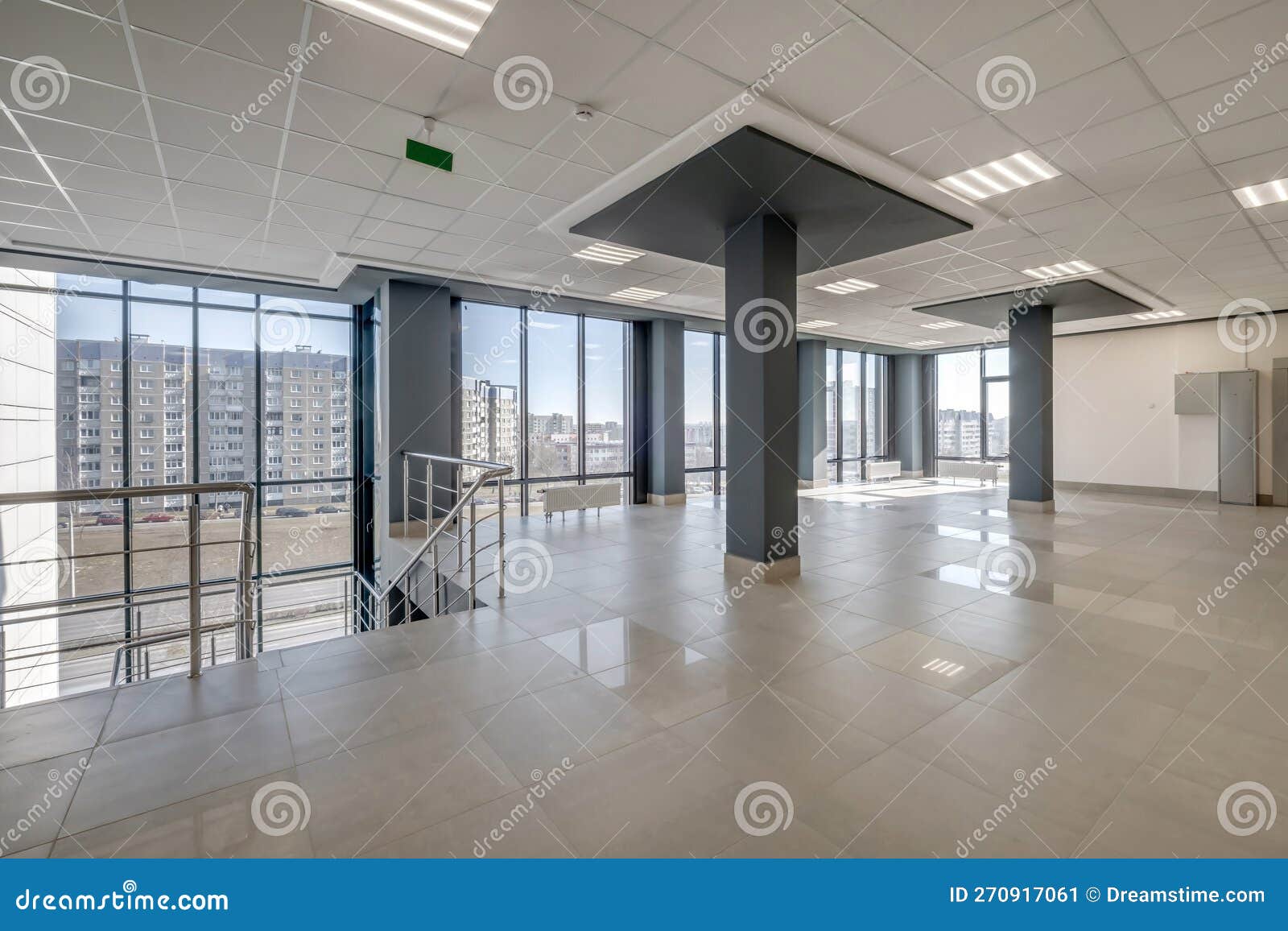 Empty Modern Hall Room with Columns, Doors and Panoramic Windows Stock ...