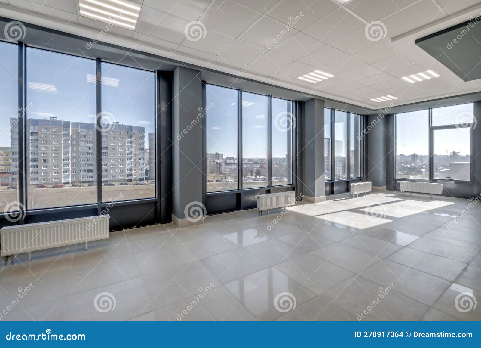 Empty Modern Hall Room with Columns, Doors and Panoramic Windows Stock ...