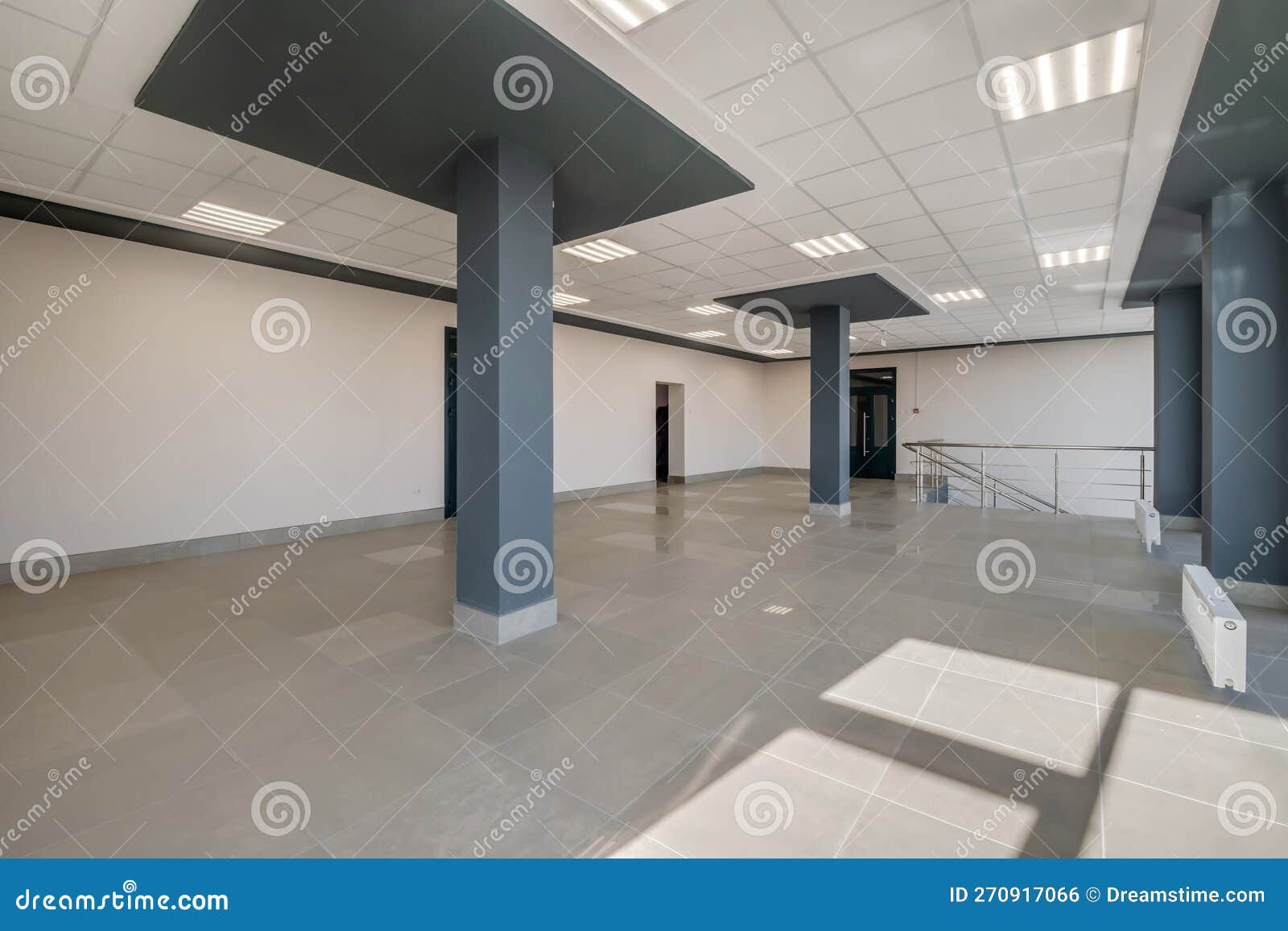Empty Modern Hall Room with Columns, Doors and Panoramic Windows Stock ...