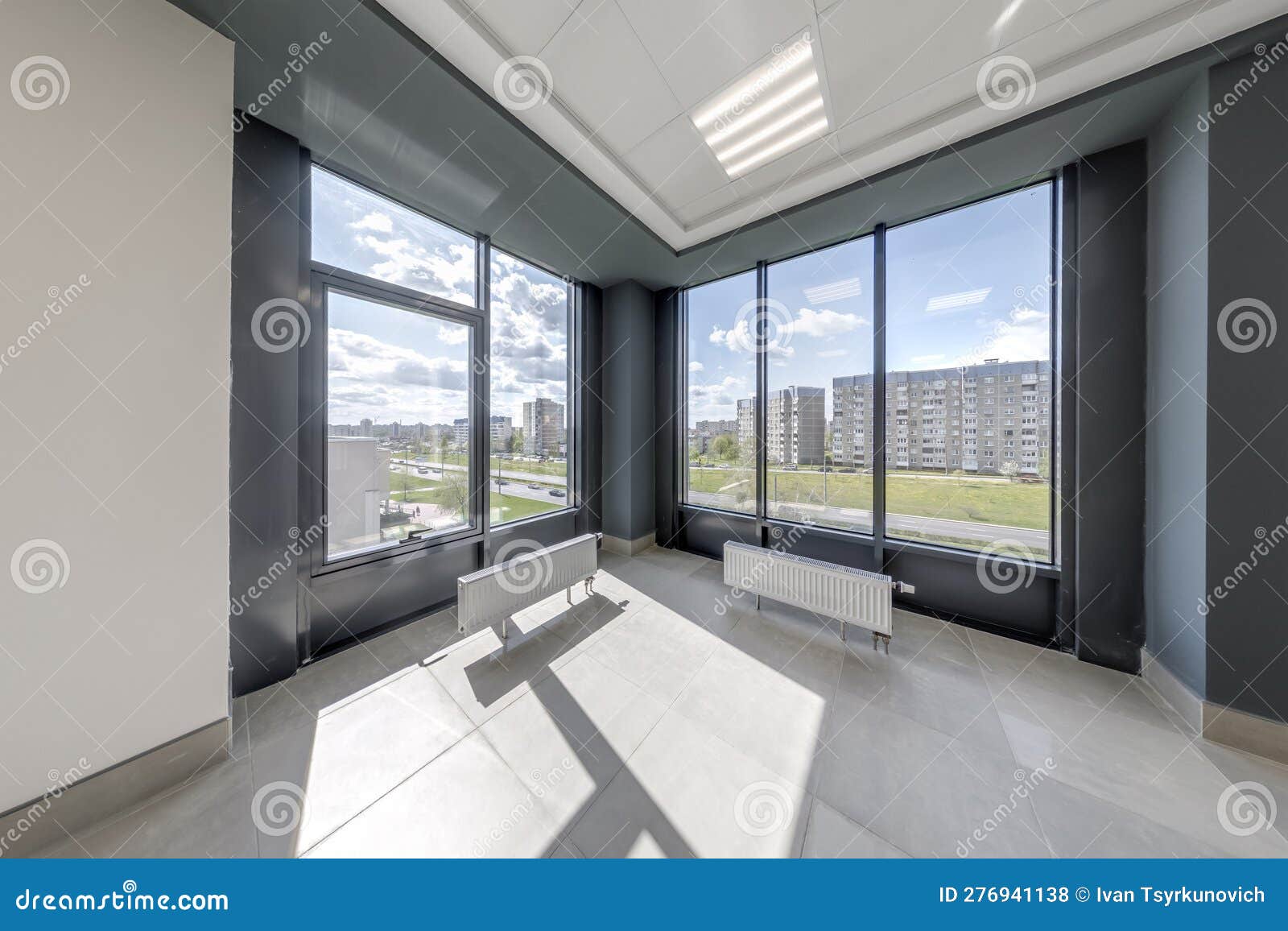 Empty Modern Hall Room with Columns, Doors and Panoramic Windows Stock ...