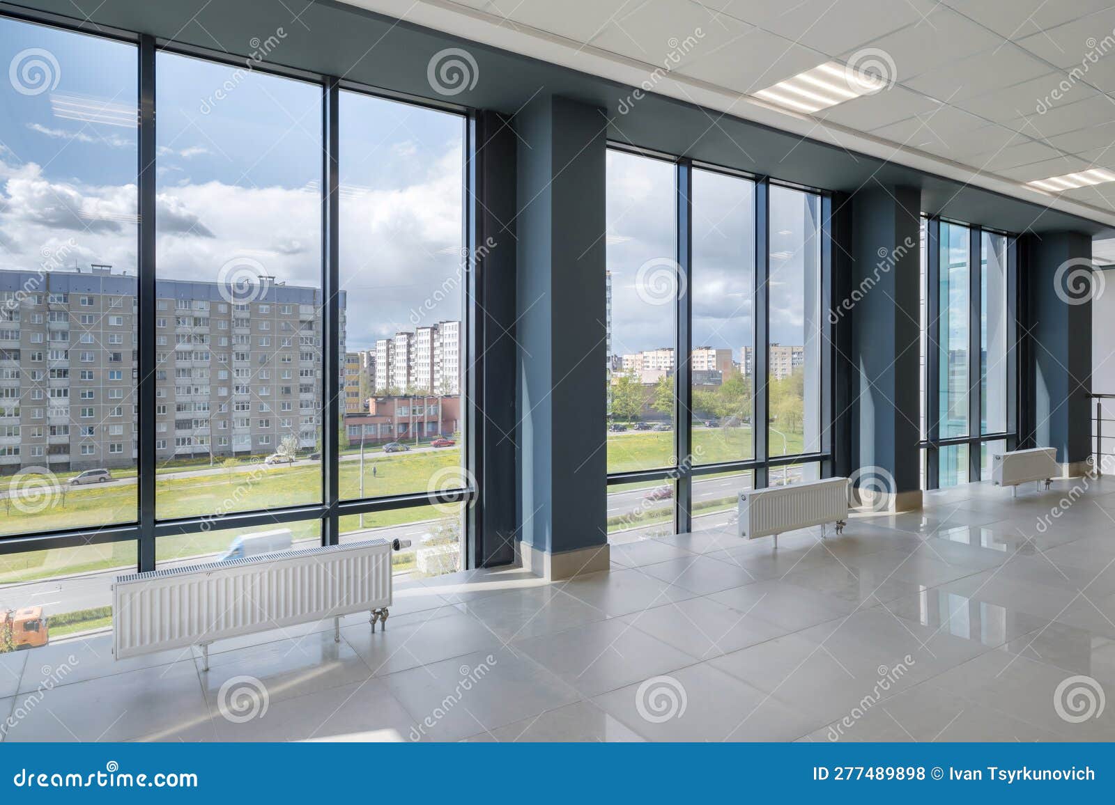 Empty Modern Hall Room with Columns, Doors and Panoramic Windows Stock ...