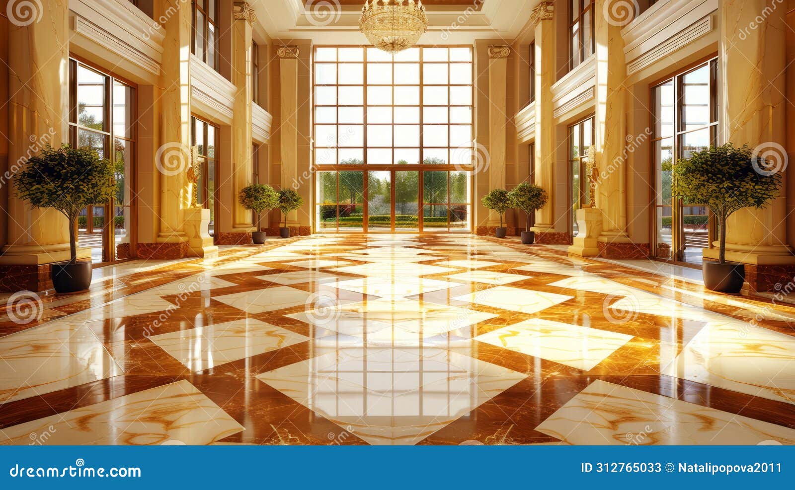 Empty Modern Hall Room with Columns, Doors and Panoramic Windows Stock ...