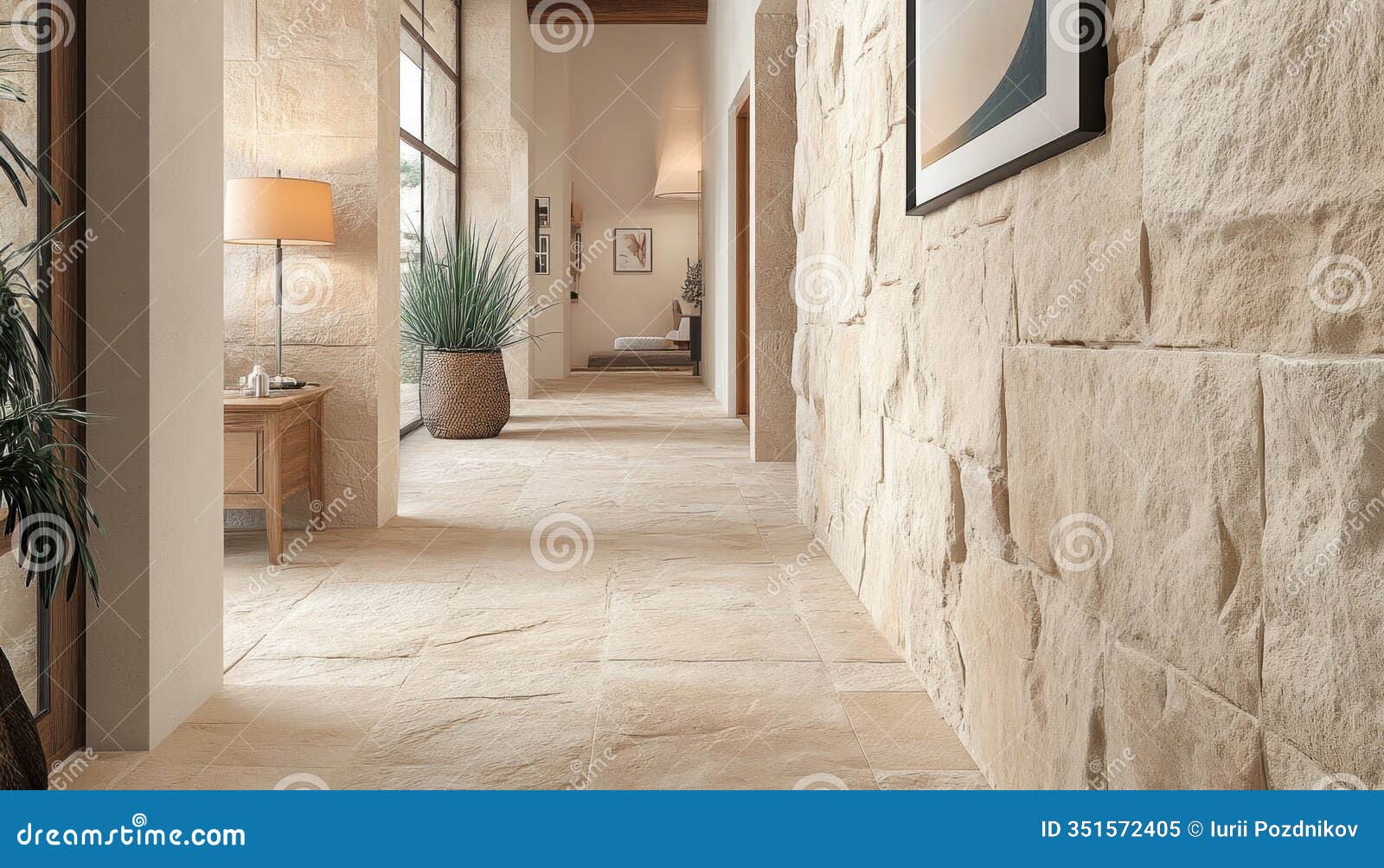 Modern, Bright Hallway Featuring Stone Wall and Tile Flooring Stock ...