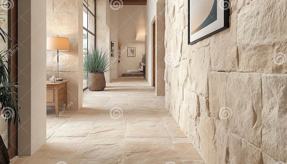 Modern, Bright Hallway Featuring Stone Wall and Tile Flooring Stock ...