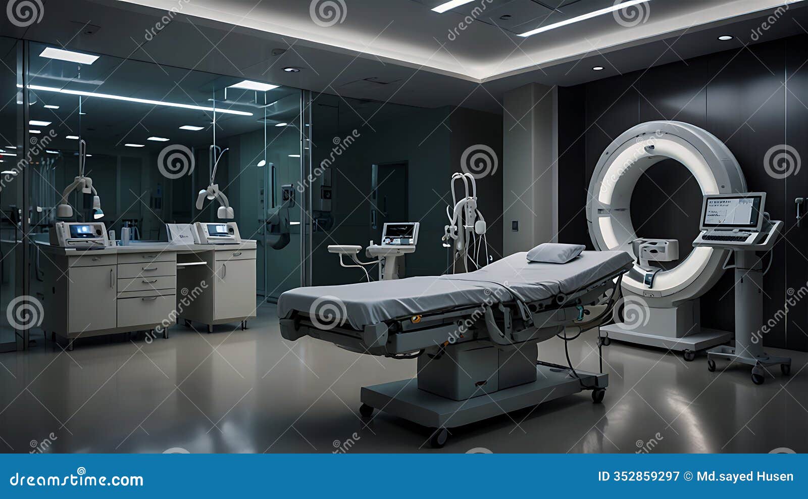 Empty Modern Medical Imaging Suite with CT Scanner and Examination Bed ...