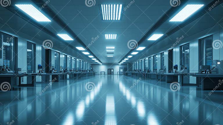 Empty, Modern Office Corridor with Fluorescent Lighting and Reflective ...