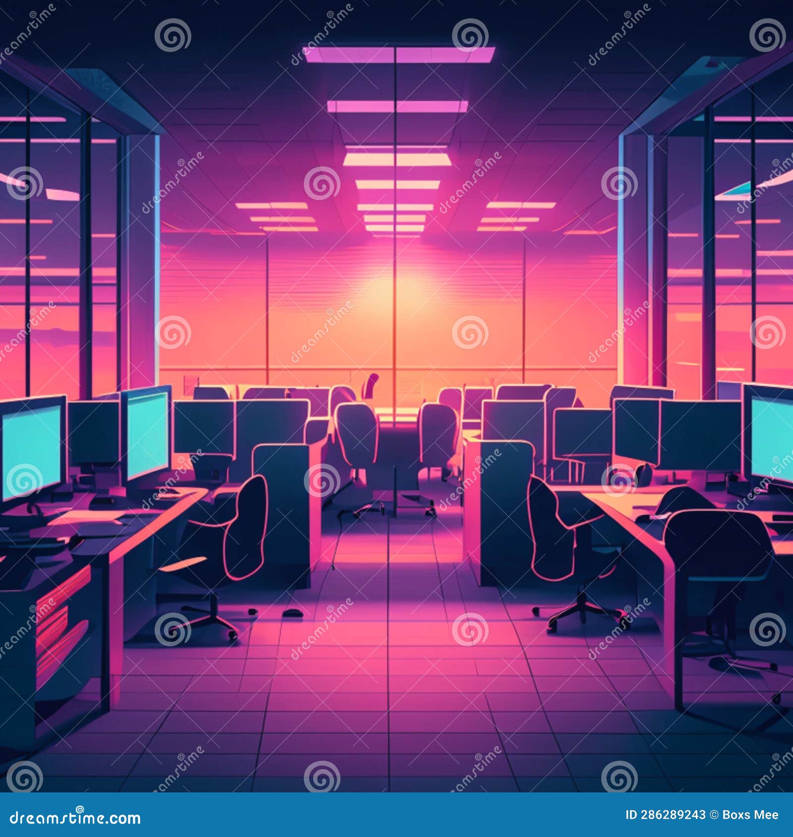 Empty Modern Office with Rows of Computer Monitors. 3d Render ...