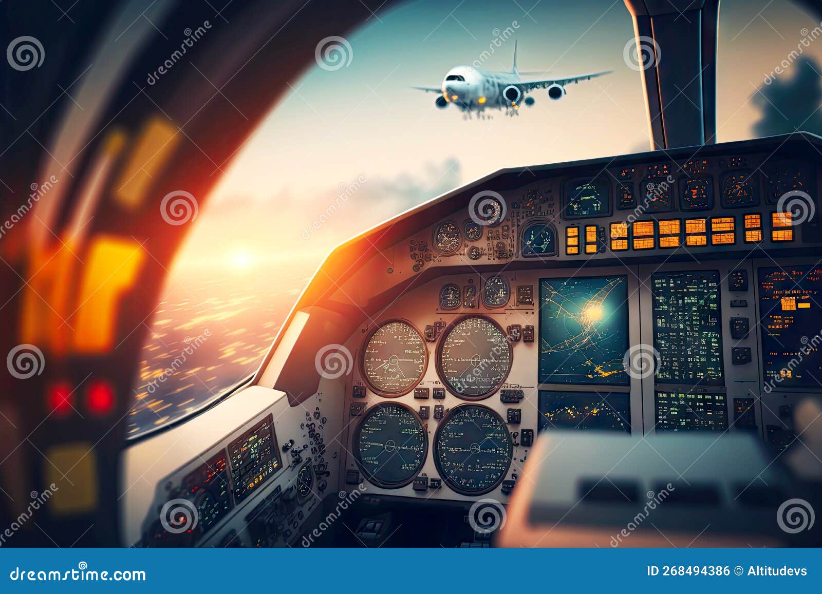 Empty Modern Passenger Airplane Cockpit on Blurry Background Stock ...