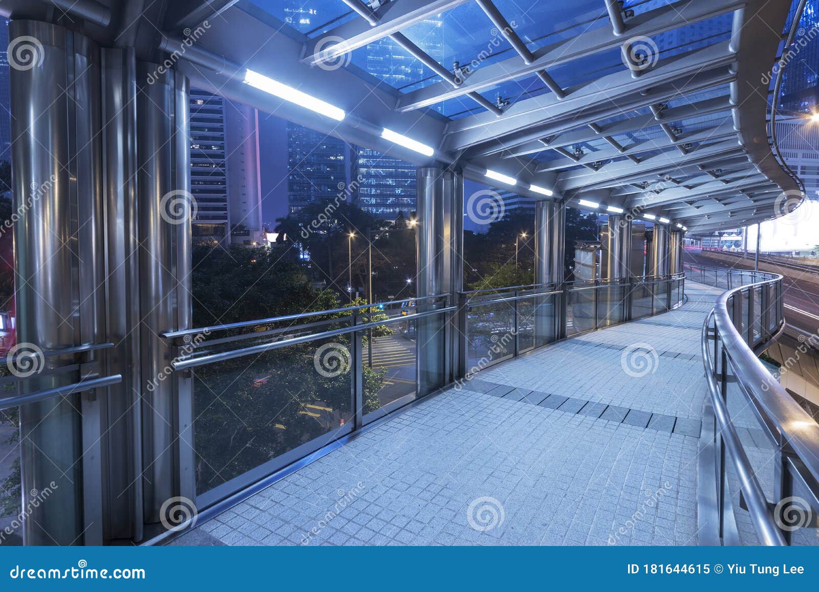Modern Pedestrian Walkway at Night Stock Image - Image of background ...