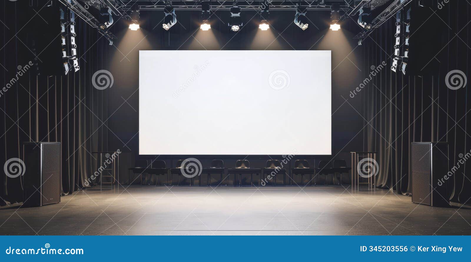 Empty Modern Theater Stage with Large White Screen and Black Curtains ...