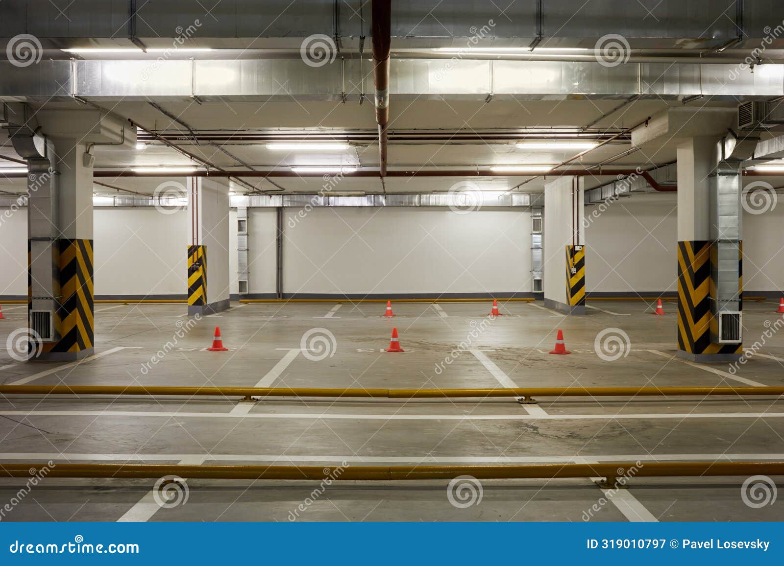 Modern Underground Parking Lot With Concrete Columns, Ventilation Ducts ...