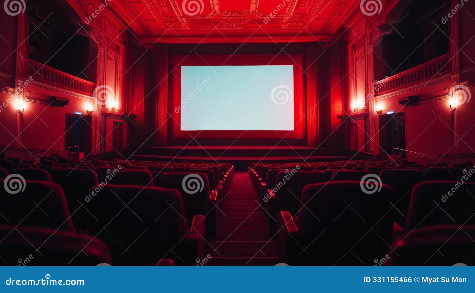 Empty Movie Theater with Blank Screen in Dark Auditorium Stock ...