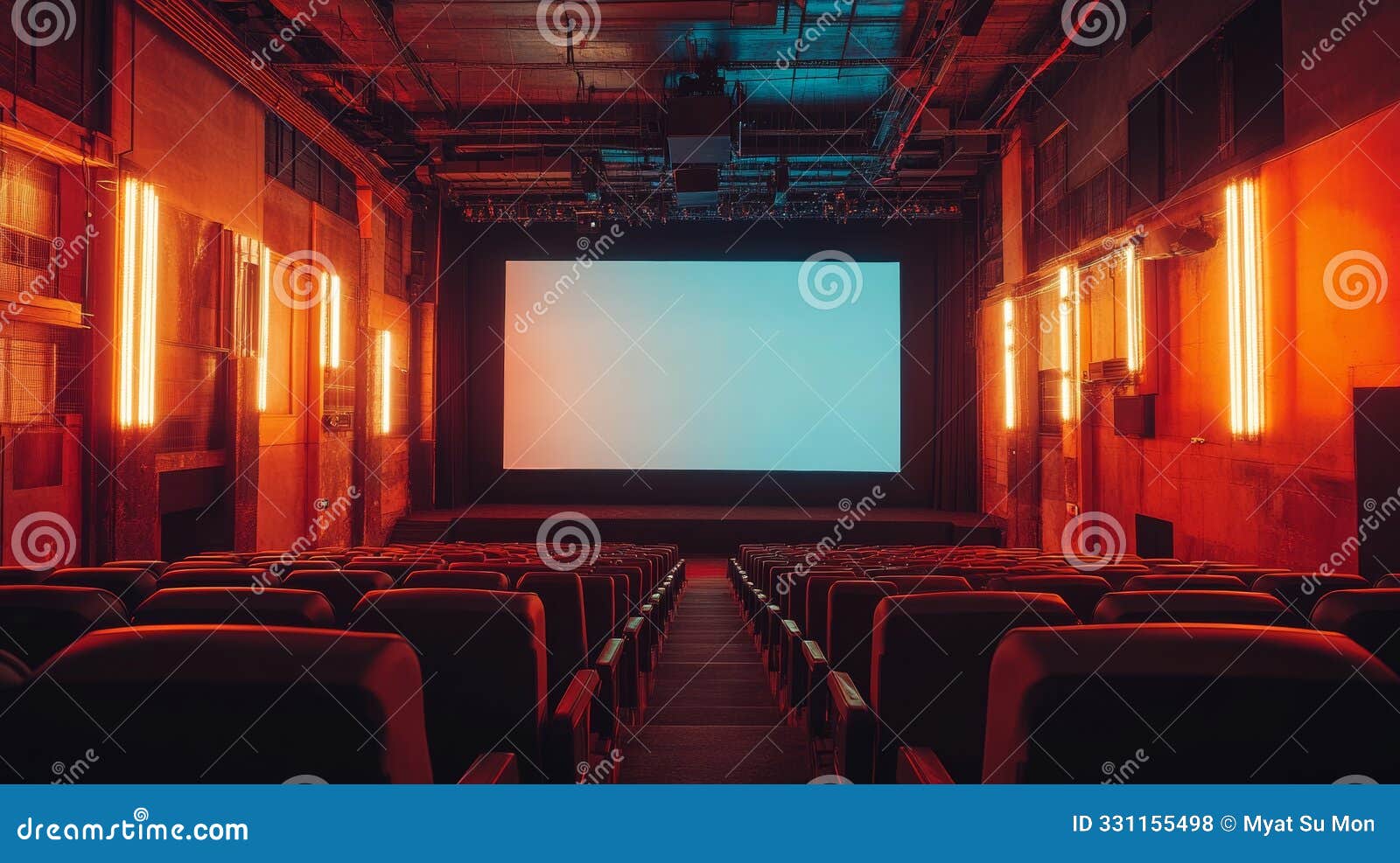 Empty Movie Theater with Blank Screen in Dark Auditorium Stock ...