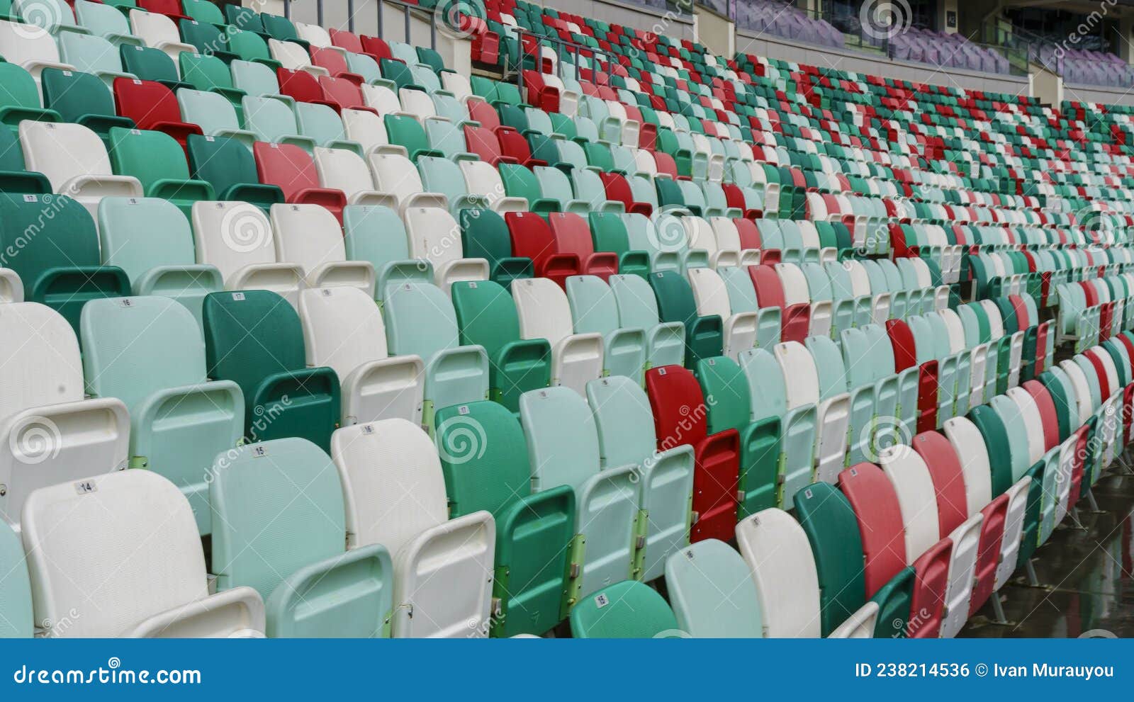 Empty Multi-colored Plastic Seats with Numbers at the Stadium. Sport ...