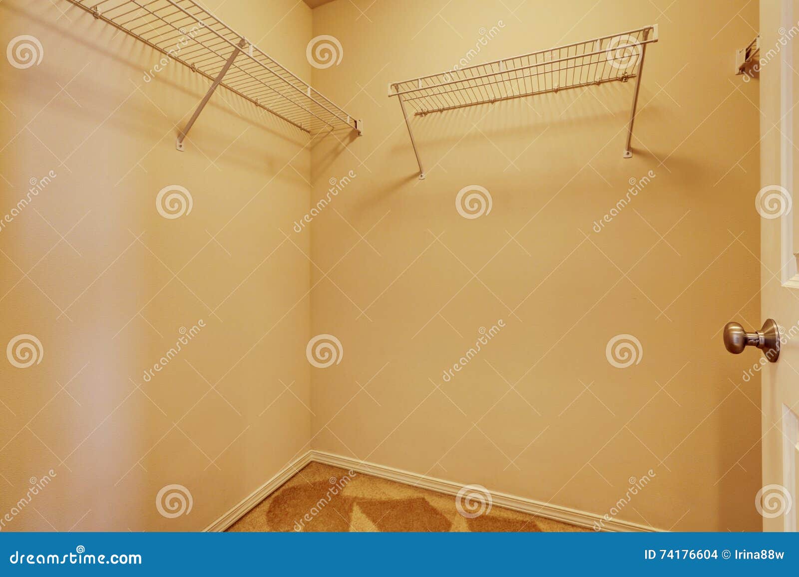 Empty Narrow Walk-in Closet with Shelves Stock Photo - Image of simple ...