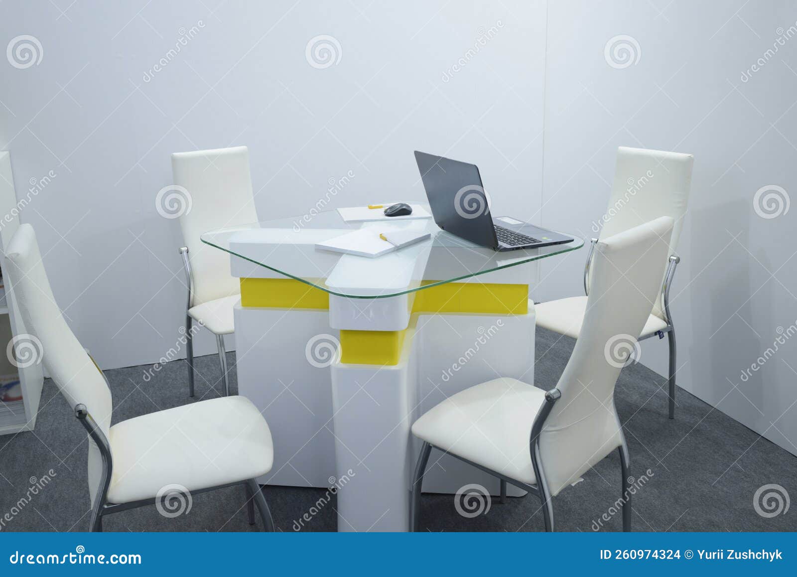 Empty Negotiation Room. Laptop, Modern Chairs and Table Stock Photo ...
