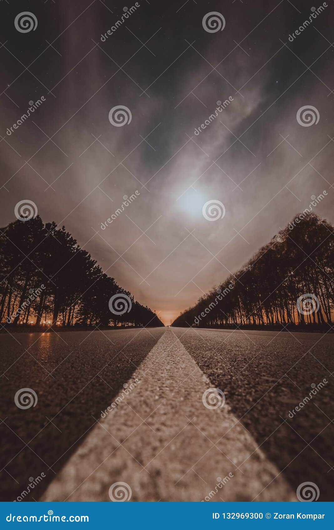 Empty Night Asphalt Road, Bright Full Moon Behind Clouds and City Light ...