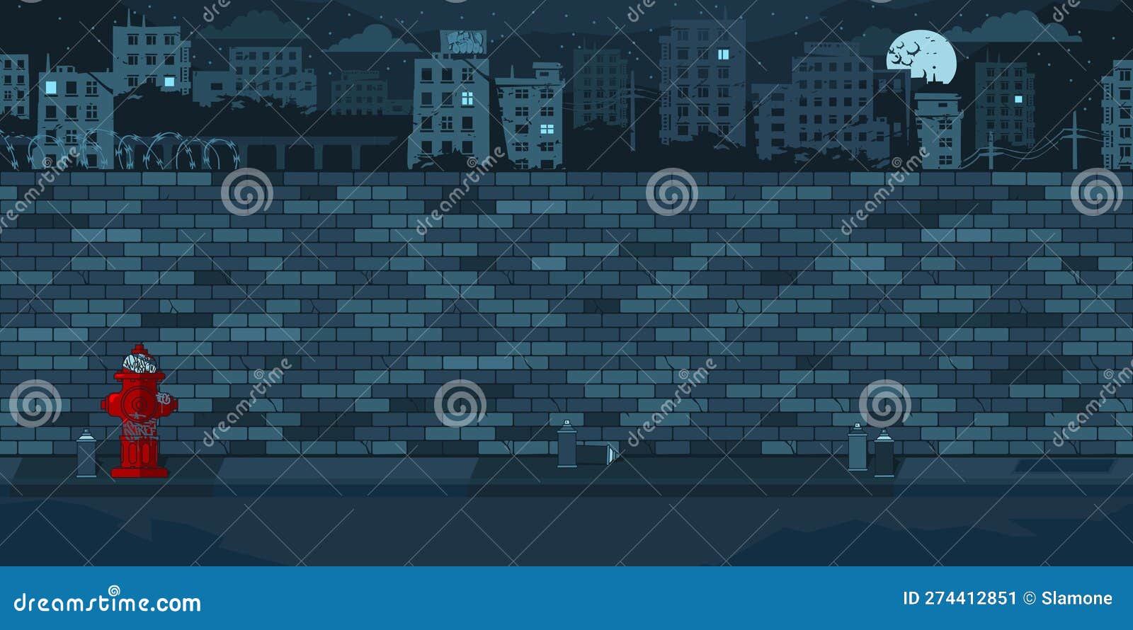 Empty Night Brick Wall with Background of the Cityscape Vector ...