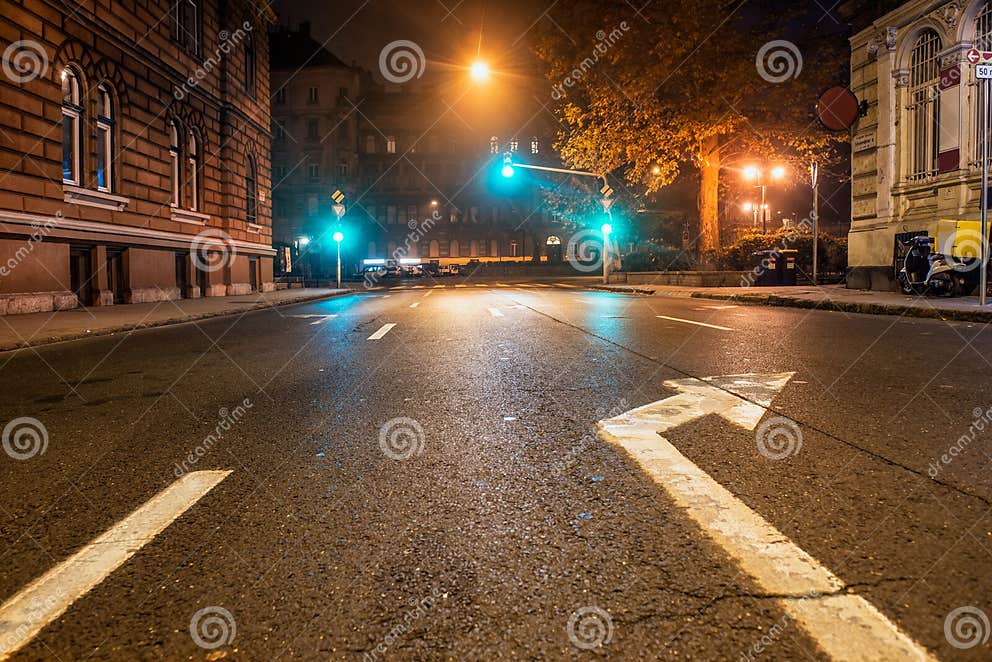 Empty Night Road with Traffic Lights Stock Photo - Image of evening ...